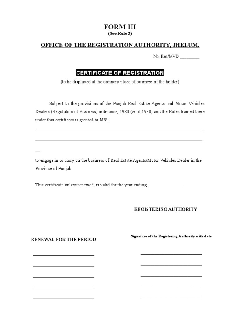 Real Estate Registration Certificate Form | PDF