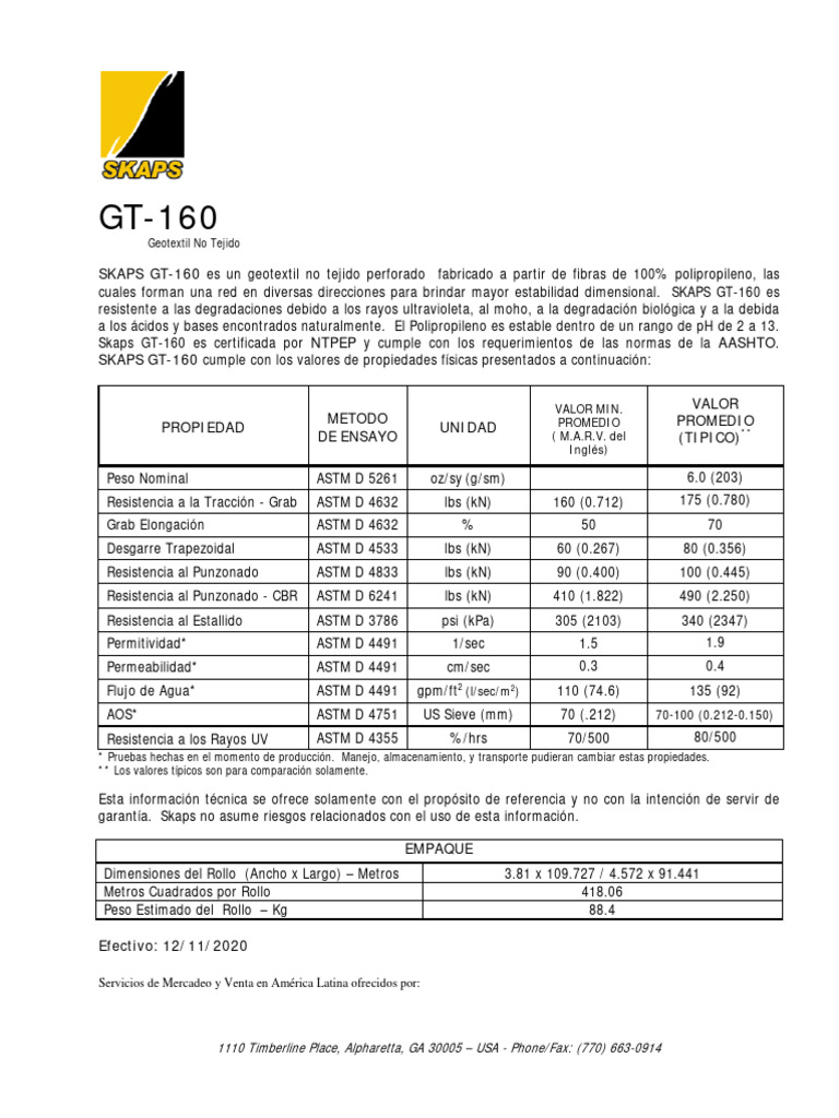 Ficha Técnica Geotextil SKAPS GT-160 | PDF | Materiales