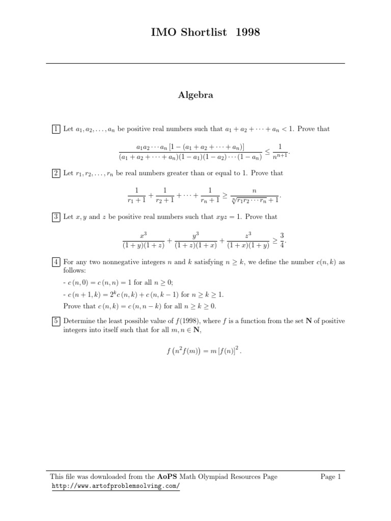 IMO Shortlist 1998: Algebra | PDF