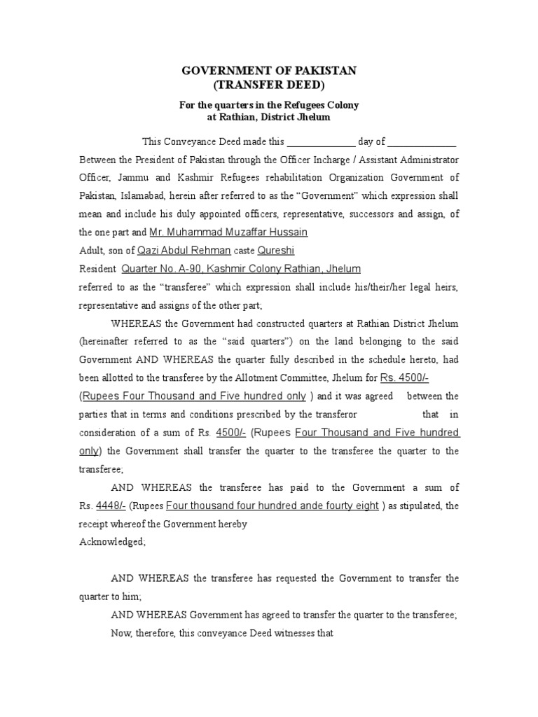 Transfer Deed Government of Pakistan | PDF | Lease | Deed