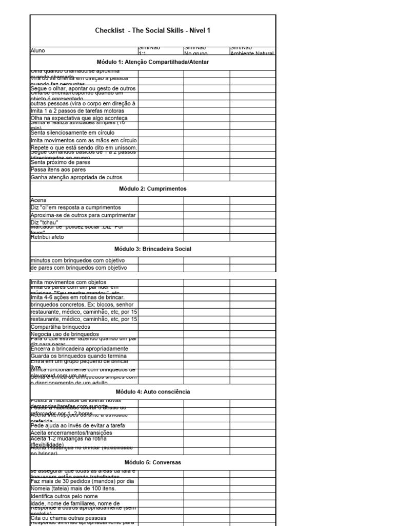 Checklist de Habilidades Sociais - Nível 1 | PDF | Emoções | Pensamento