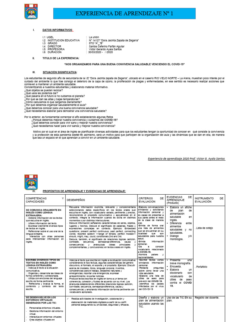 Experiencia De Aprendizaje Numero 1 Pdf Aprendizaje Maestros