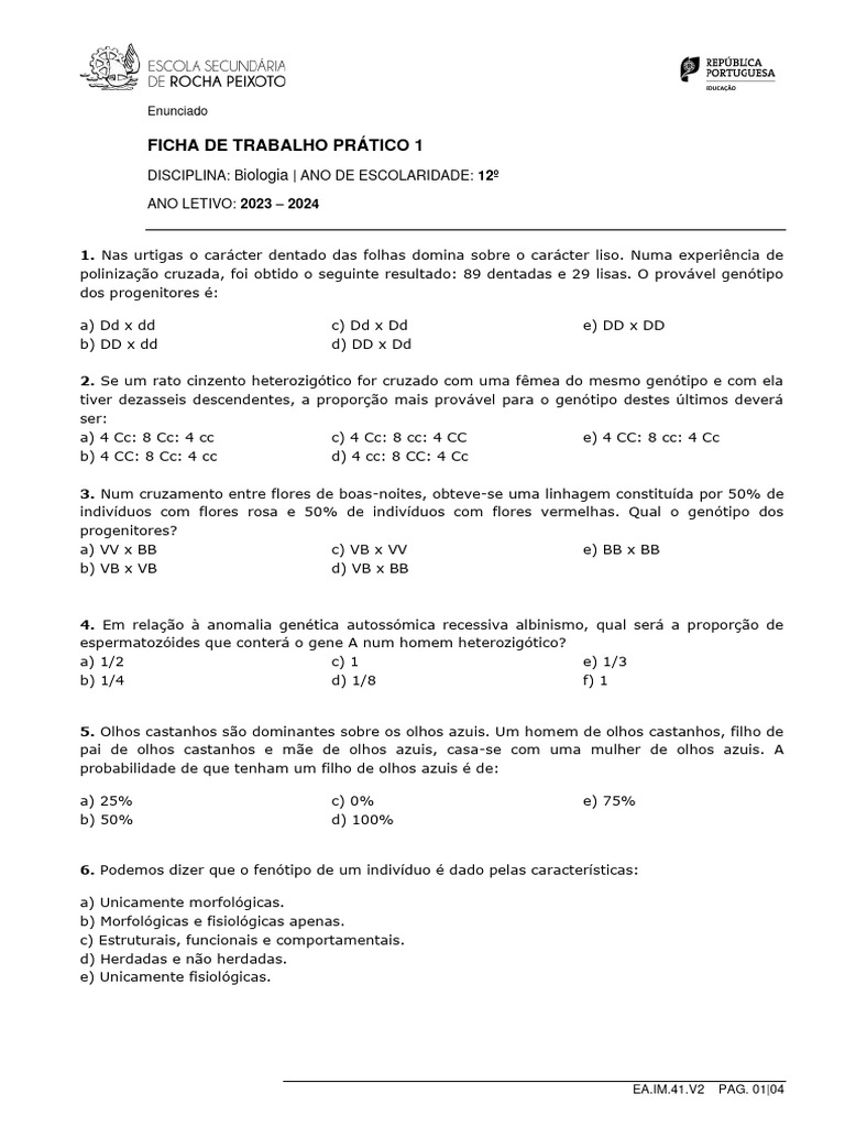 Ficha de Trabalho Partico Nº1 - Mono - Hibridismo | PDF Ficha de Trabalho Partico Nº1 - Mono - Hibridismo | PDF