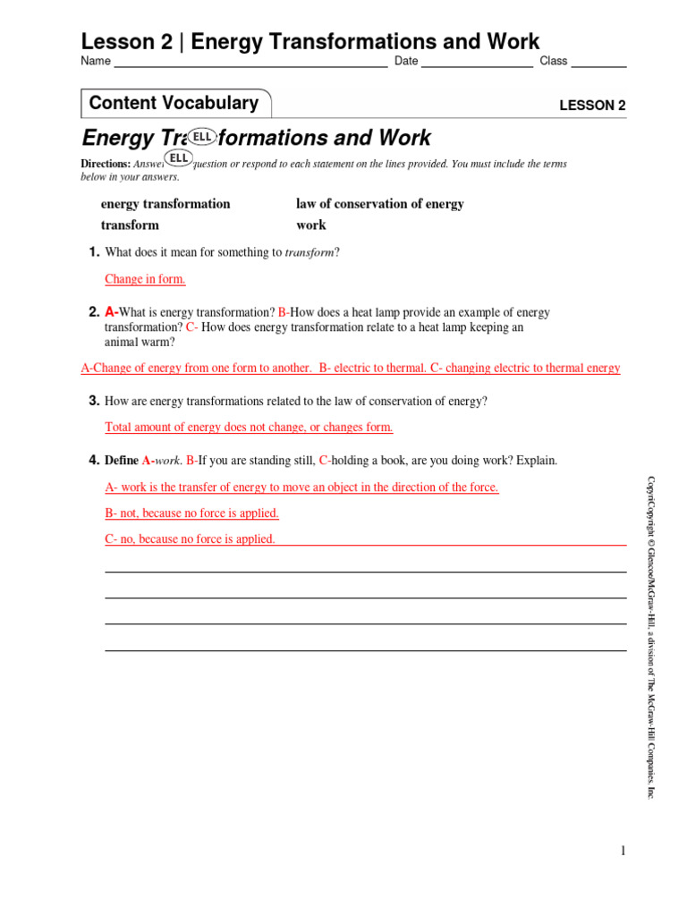 Lesson 2 - Energy Transformations and Work | PDF | Force | Heat