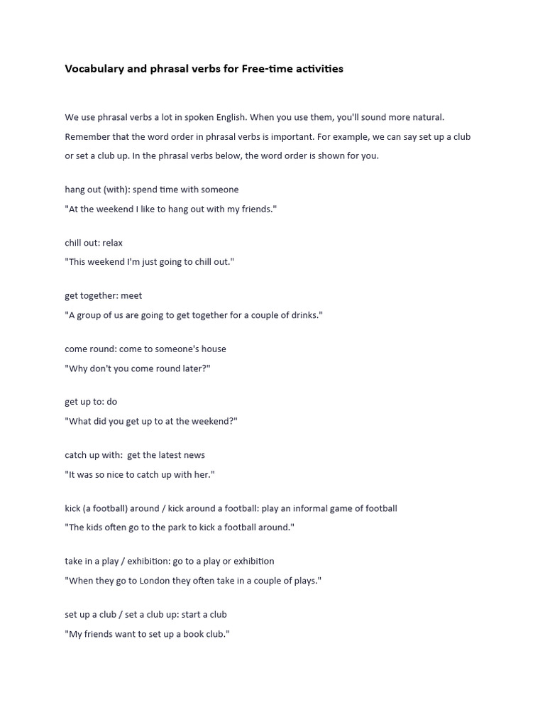 Vocabulary and Phrasal Verbs For Hobbies | PDF | Linguistics | Human ...