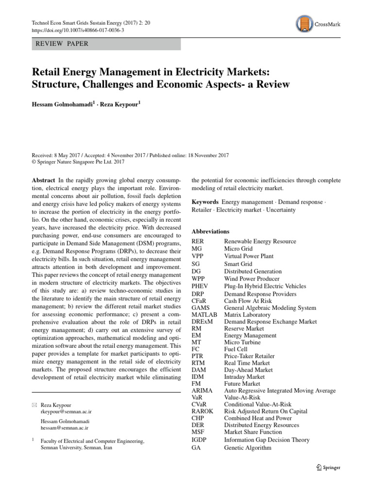 Retail Energy Management in Electricity Market Structure Challenges and ...