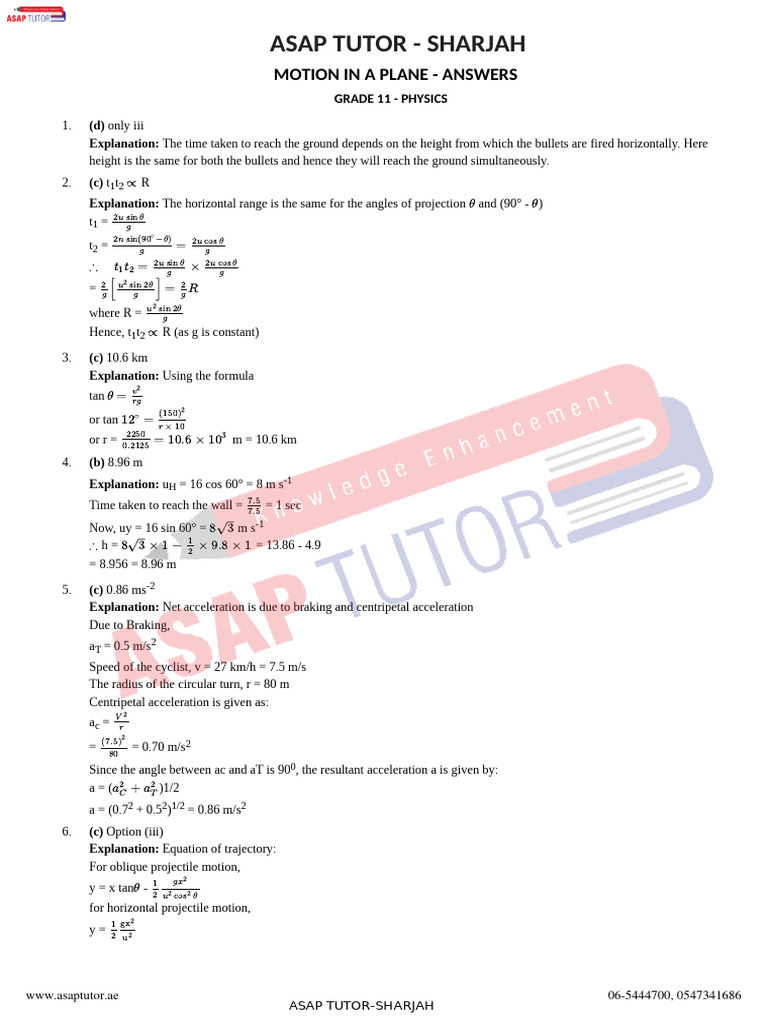 Asaptutor-Motion in A Plane-Ans (Gr11-Physics) | PDF | Acceleration | Mechanics