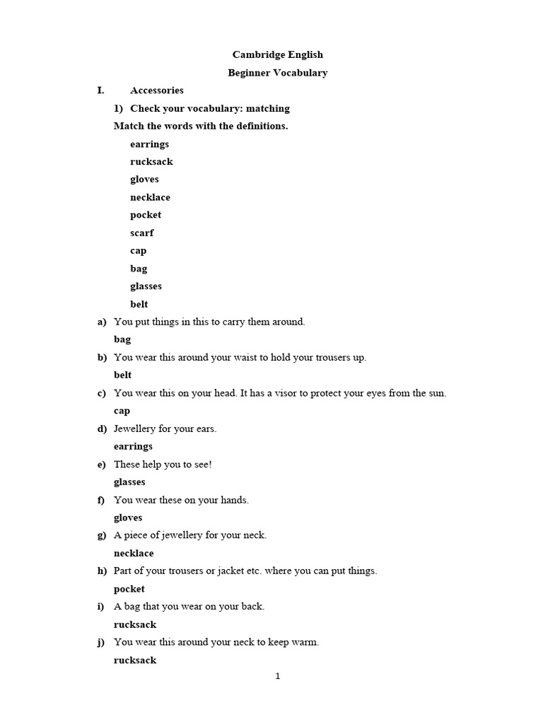 Accessories Vocabulary Exercises | PDF