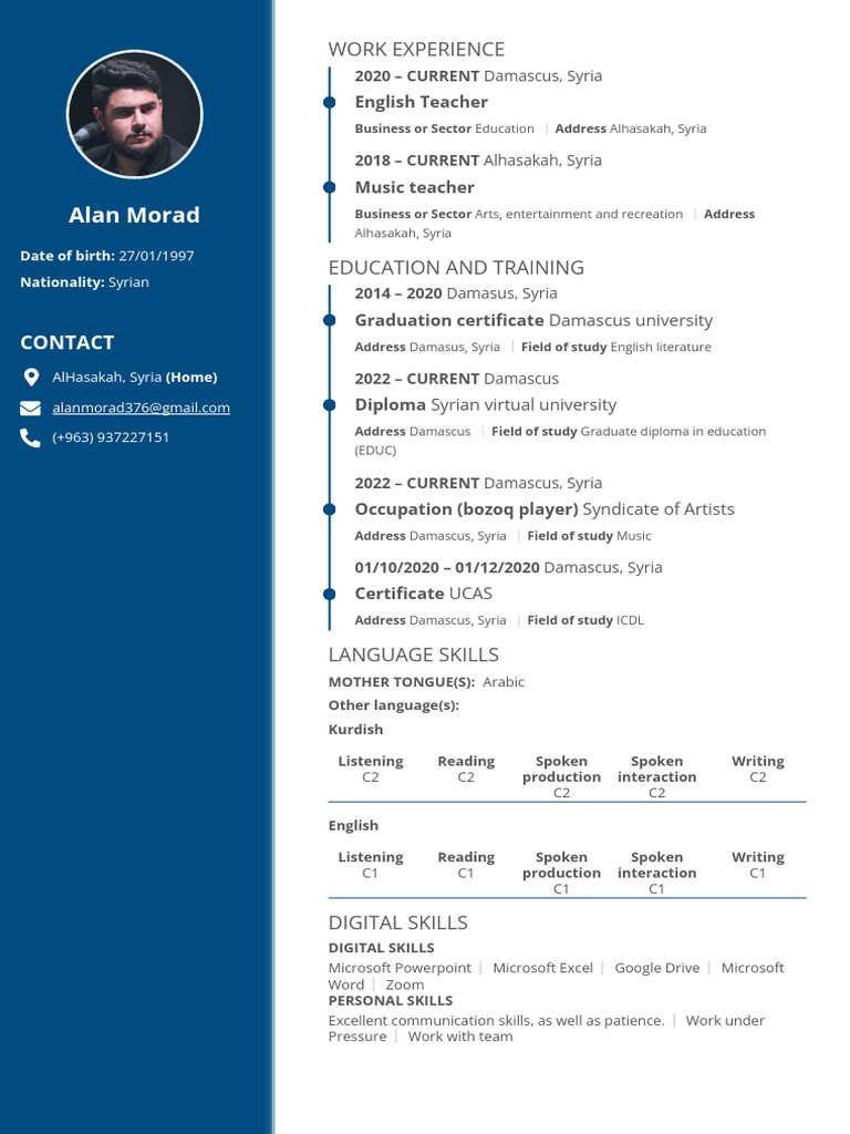 CV - Alan Morad (1) - 230504 - 055138 | PDF | Syria | Linguistics
