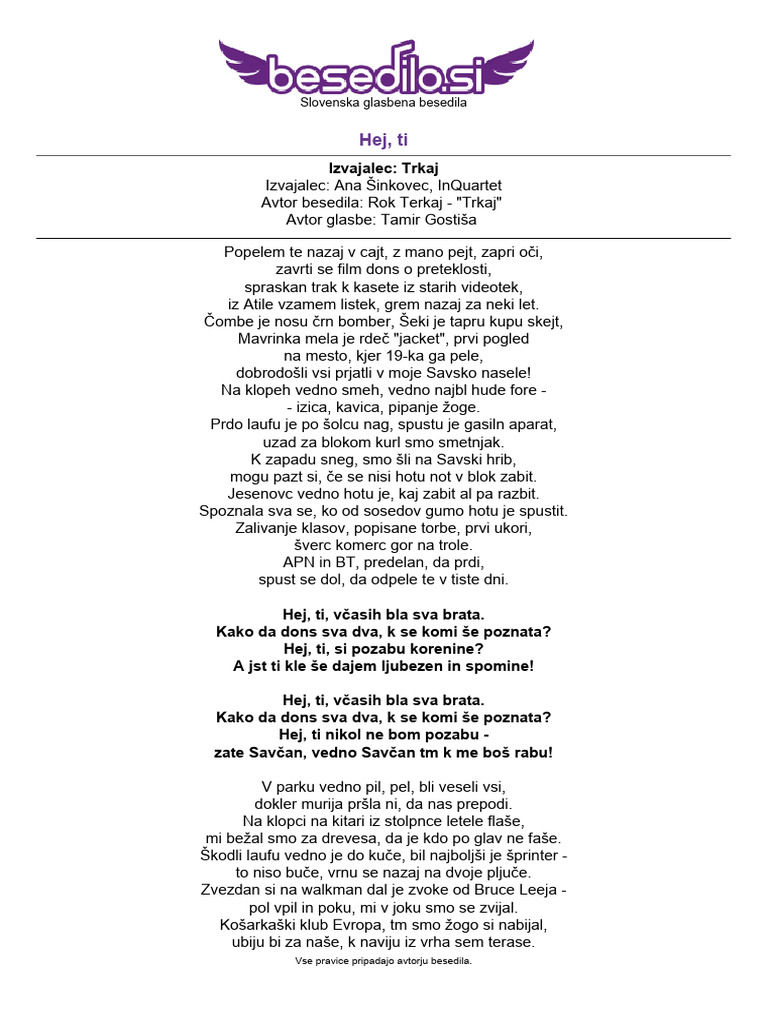 Hej, Ti: Slovenska Glasbena Besedila | PDF