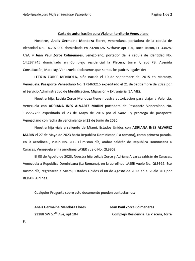 Carta de Autorización para Viaje Dentro de Venezuela Mayo 2023 | Descargar gratis PDF ...