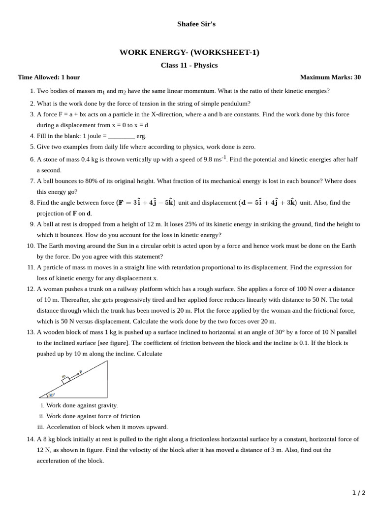 WORK ENERGY( WORKSHEET _1) | PDF | Force | Friction