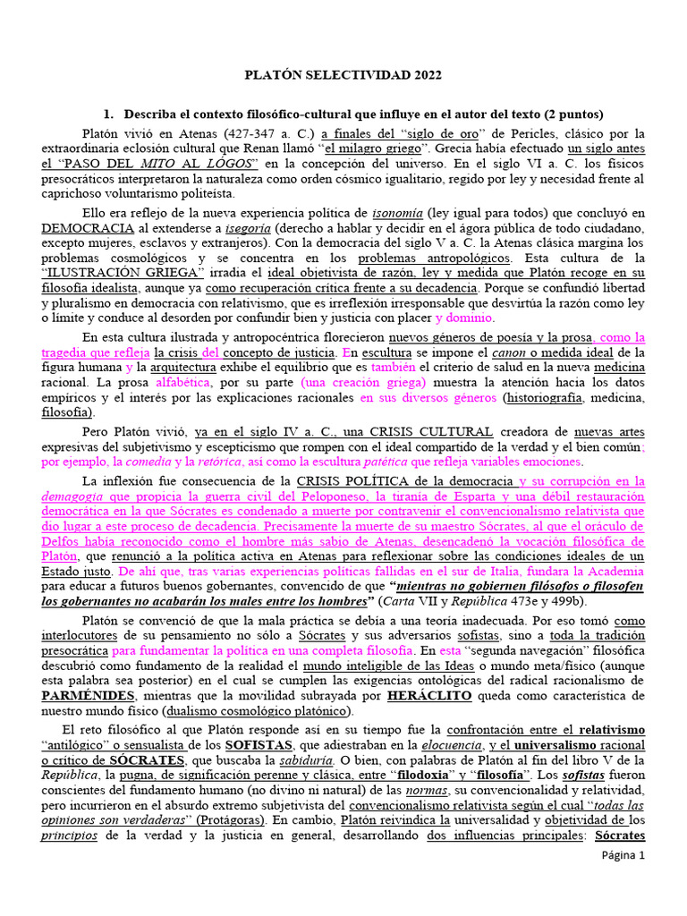 Platón Selectividad 2022 Pdf Platón René Descartes