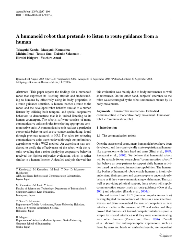 7 A Humanoid Robot That Pretends To Listen To Route Guidance From A Human | PDF | Robot | Robotics