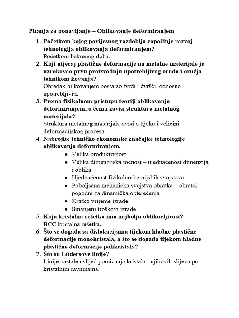 Pitanja Za Ponavljanje - Oblikovanje Deformiranjem | PDF