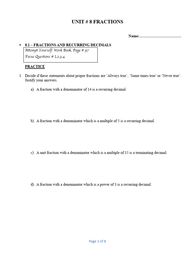 Grade 8 - UNIT 8 Fractions | PDF | Decimal | Elementary Mathematics