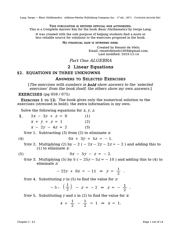 En 0202 Serge Lang Basic Mathematics Answers | PDF | Equations | Algebra