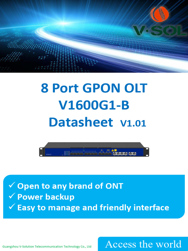 VSOL 8 Port GPON OLT (V1600G1-B) Datasheet V1.01 | PDF