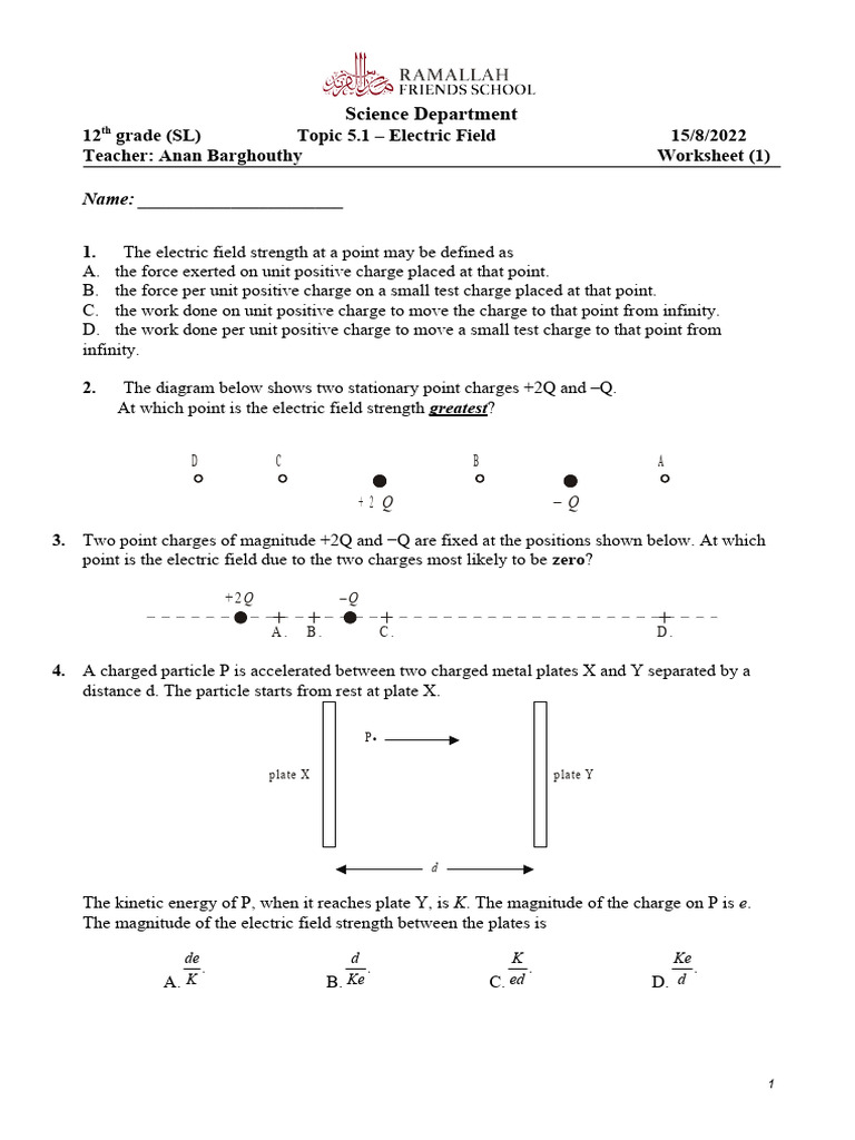 Topic 5.1 Worksheet (1) - Electric Force & Field | PDF | Electric Field ...