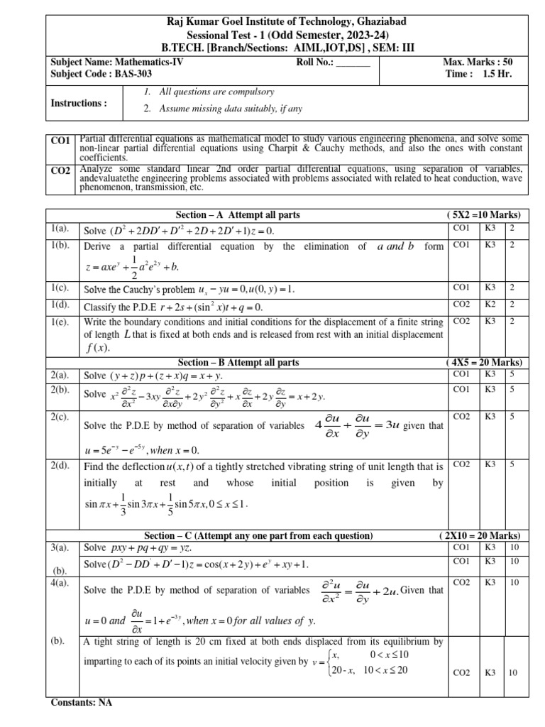 ST-1 (14-10-23, Aiml, DS, Iot) | PDF | Partial Differential Equation ...