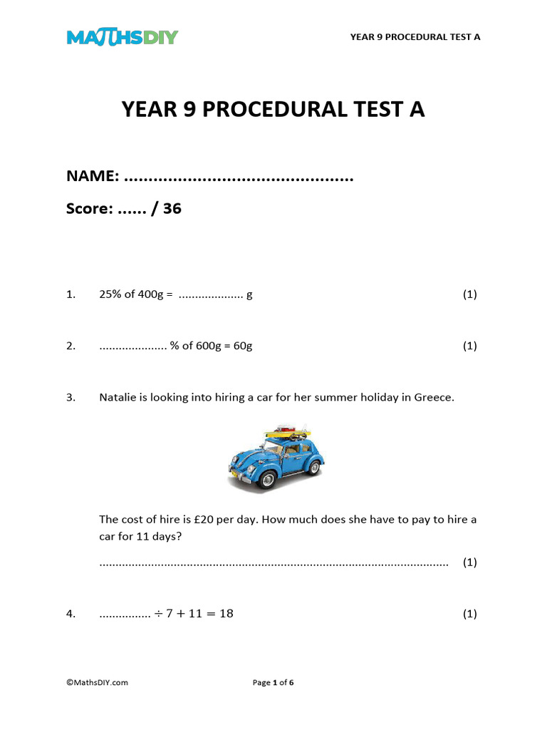 Year 9 Maths Procedural Test A | PDF | Speed | Mathematics
