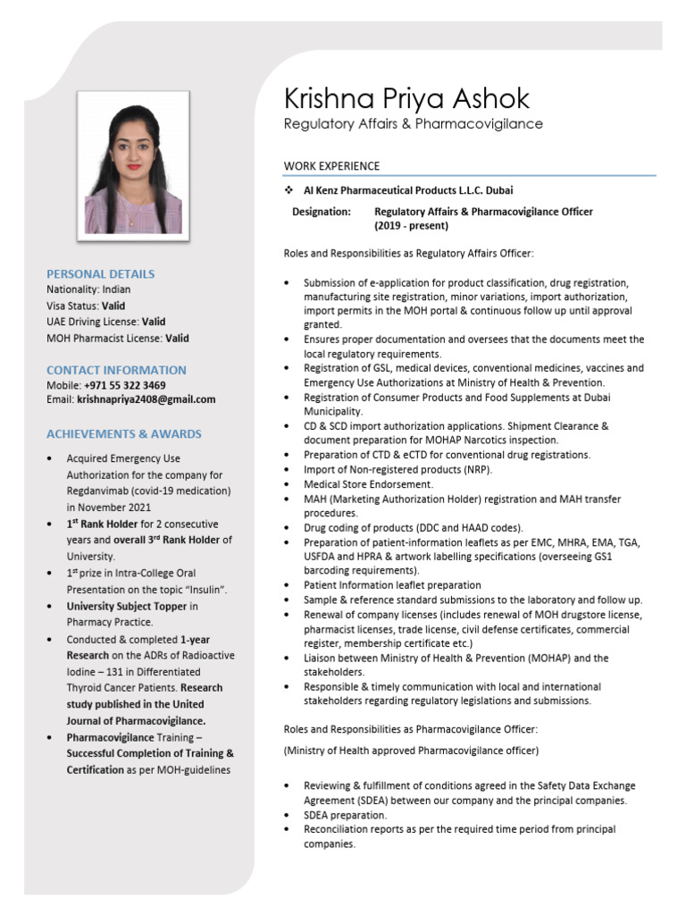Krishna Priya Ashok CV 2024 | PDF | Pharmacovigilance | Health Sciences