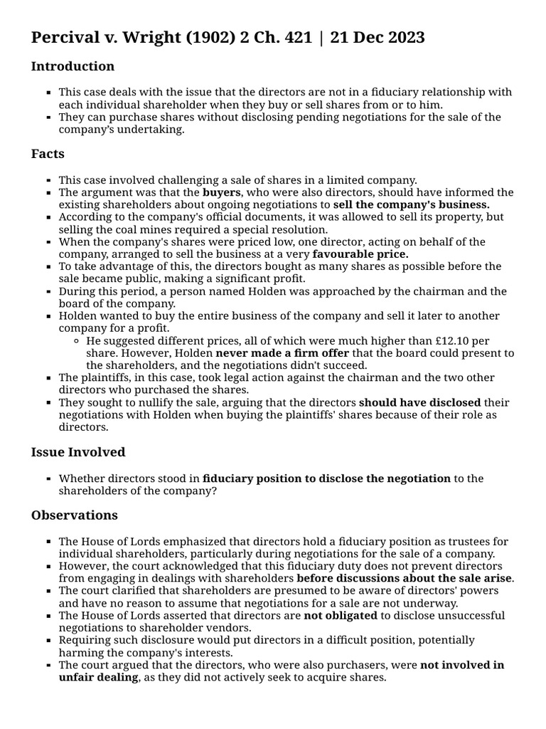 Percival v. Wright: Fiduciary Duties Explained | PDF | Fiduciary | Business Law
