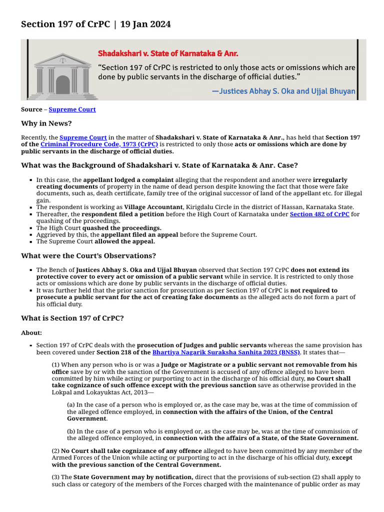Current Affairs Section 197 of CRPC Print 2 | PDF | Crimes | Crime & Violence