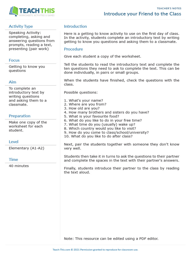 Introduce Your Friend To The Class | PDF