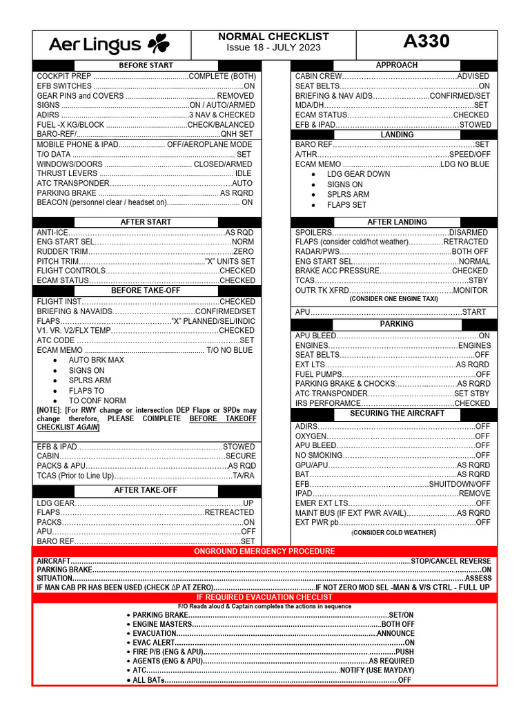 Aer Lingus A330 CHKLST | PDF | Airliner | Aircraft