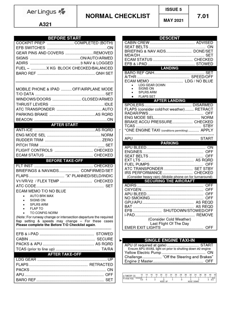 Aer Lingus A321 Normal Checklist | PDF | Aviation | Aircraft