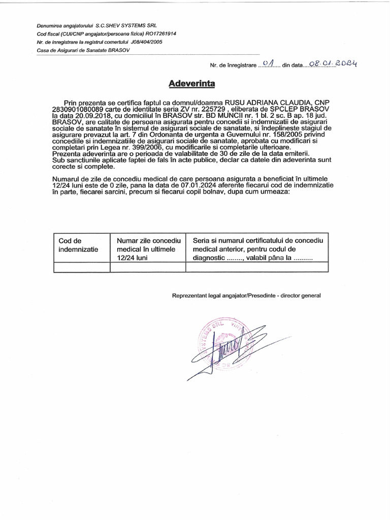 Adeverinta Concediu Medical Rusu Adriana | PDF