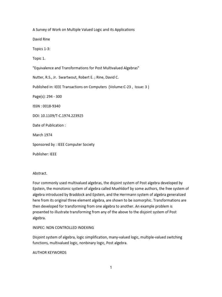 A Survey of Work On Multiple Valued Logi | Download Free PDF | Mathematical Logic | Boolean Algebra
