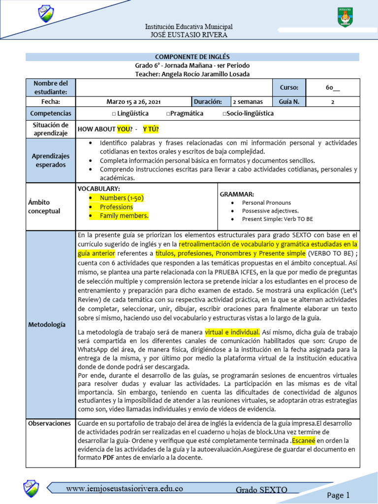 Guía 2 Inglés 1P-601-602-603 | PDF | Oración (Lingüística) | Comunicación humana