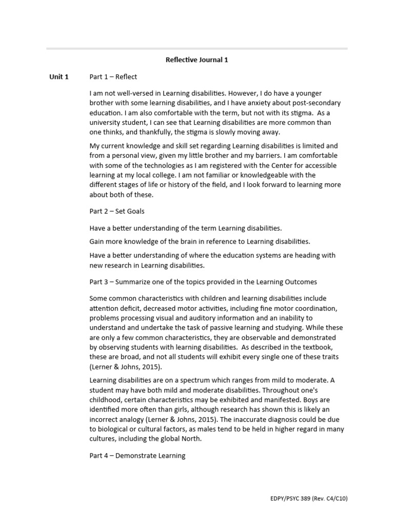 edpy_psyc_389_reflective_journal_1_template | PDF | Learning Disability | Learning