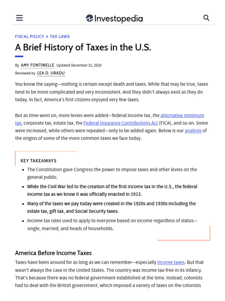 A Brief History of Taxes in The U.S | PDF | Taxes | Income Tax In The ...