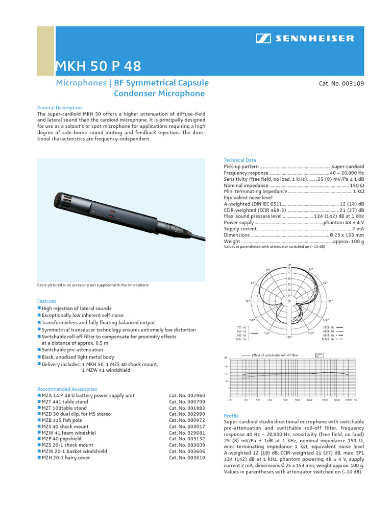 SpecSheet MKH 50 P48 EN | PDF | Microphone | Electricity