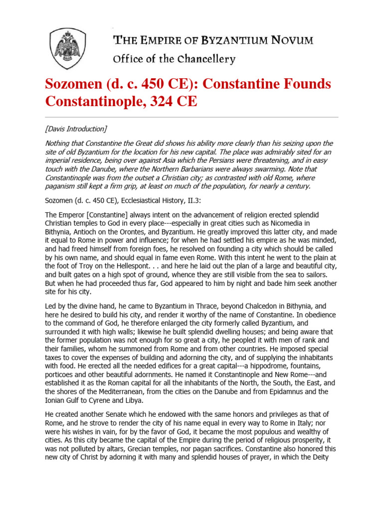 Sozomen (D C 450CE) - Constantine Founds Constantinople, 324CE (2pp ...