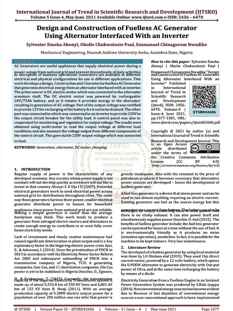 Design and Construction of Fuelless Ac Generator Using Alternator ...