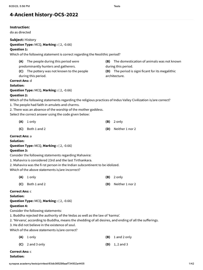 Ancient History MCQ Test | PDF | Noble Eightfold Path | Ashoka