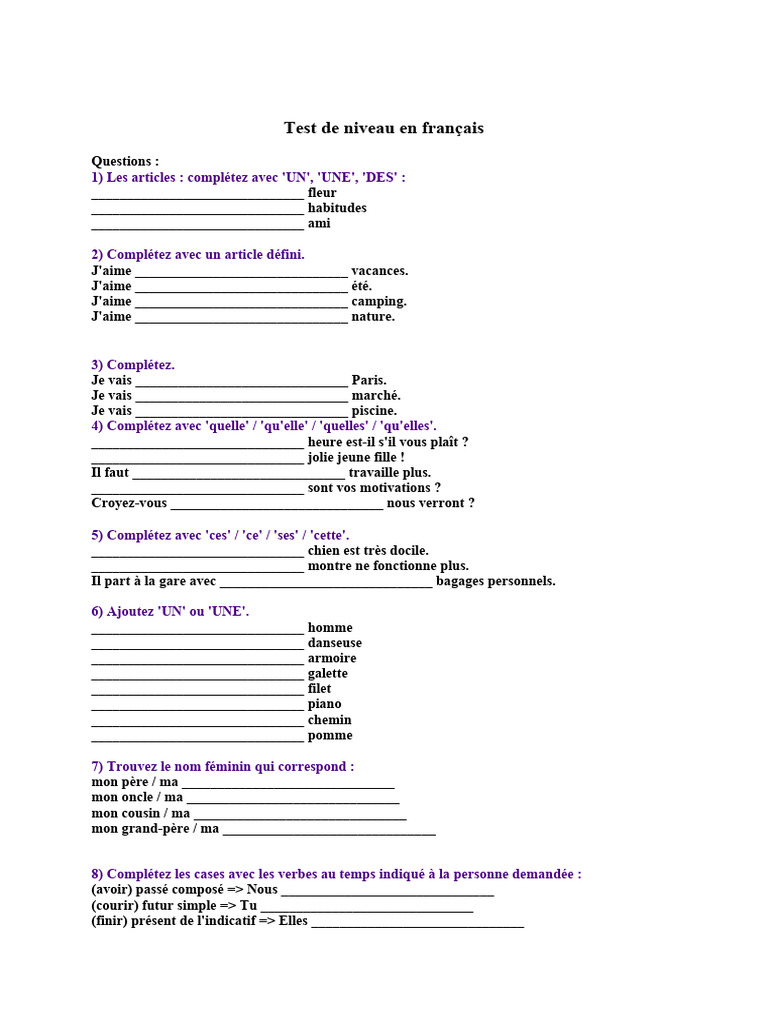 Test de niveau en français A1 | PDF