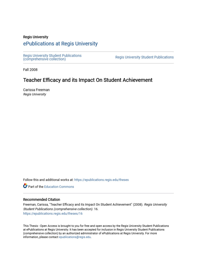 Teacher Efficacy And Its Impact On Student Achievement Pdf Teachers