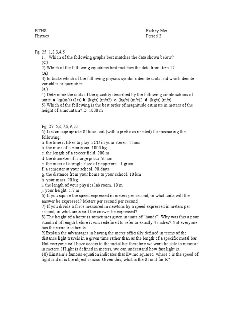 Physics HW | PDF | Metre | Speed