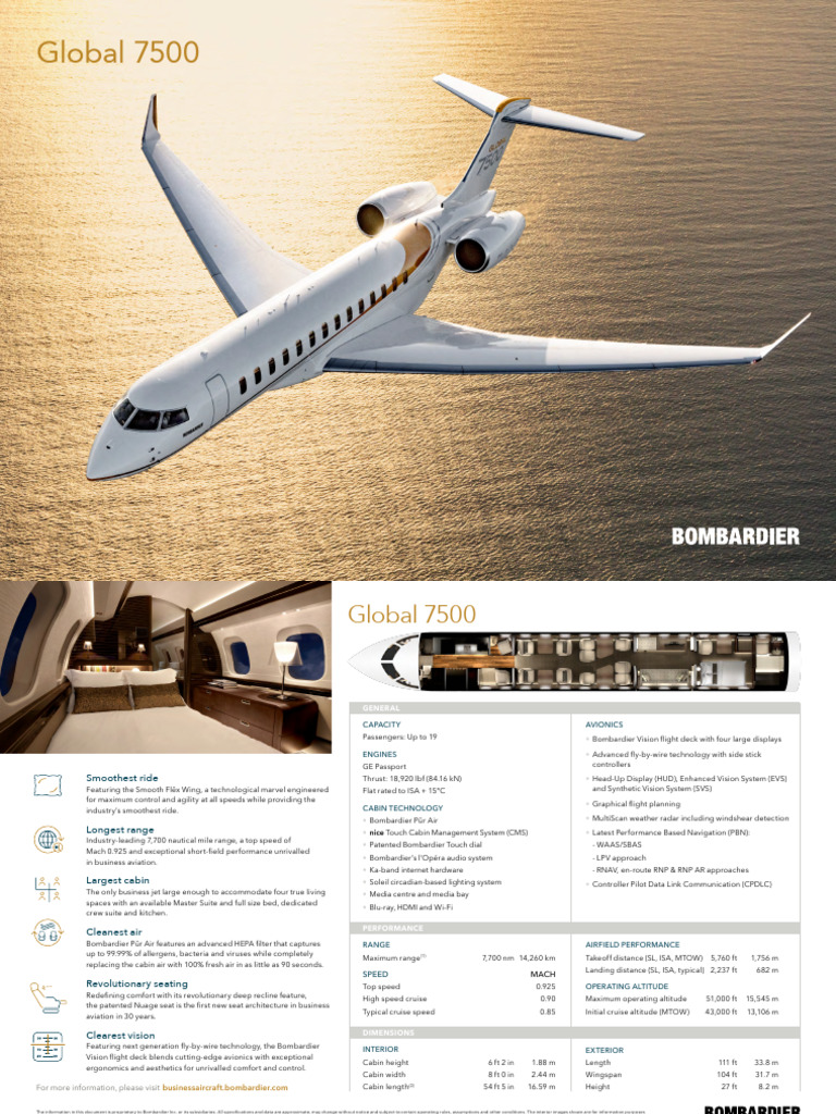 Bombardier Global 7500 Specifications | PDF | Aviation | Jet Aircraft
