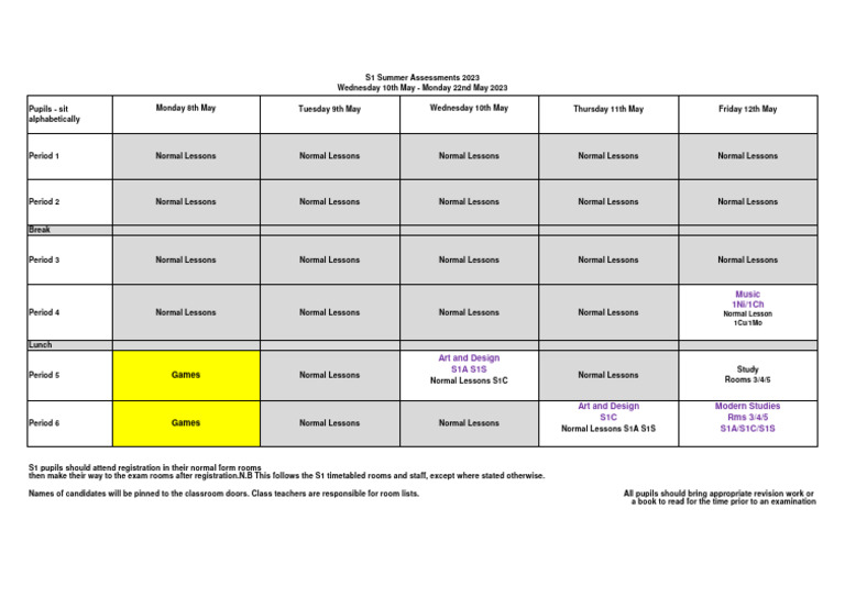 S1 Pupil Timetable 2023 Week 1 With Rooming | PDF