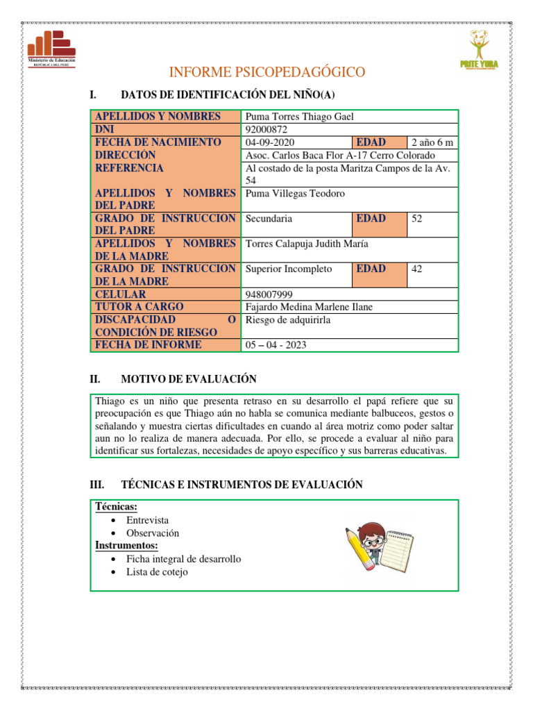 Informe Psicopedagógico Thiago | PDF | Comunicación