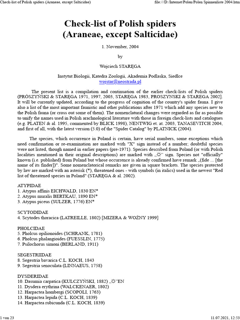 Polish Spider Species List | PDF | Spider | Arthropods
