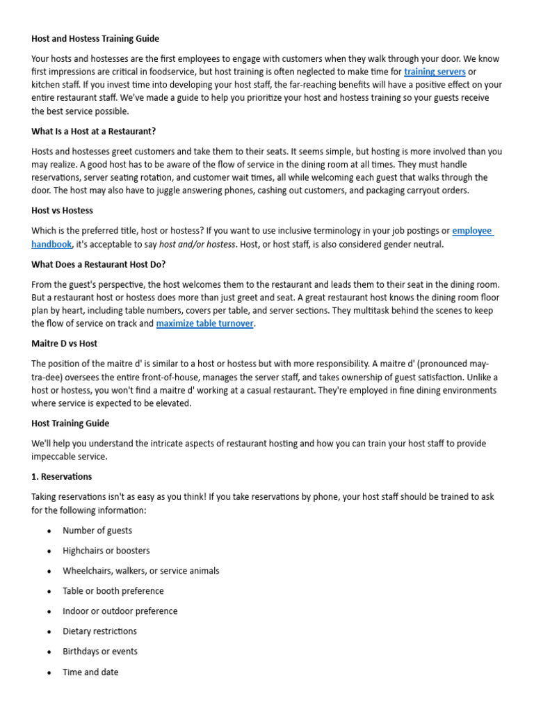 Host and Hostess Training Guide | PDF | Waiting Staff | Restaurants
