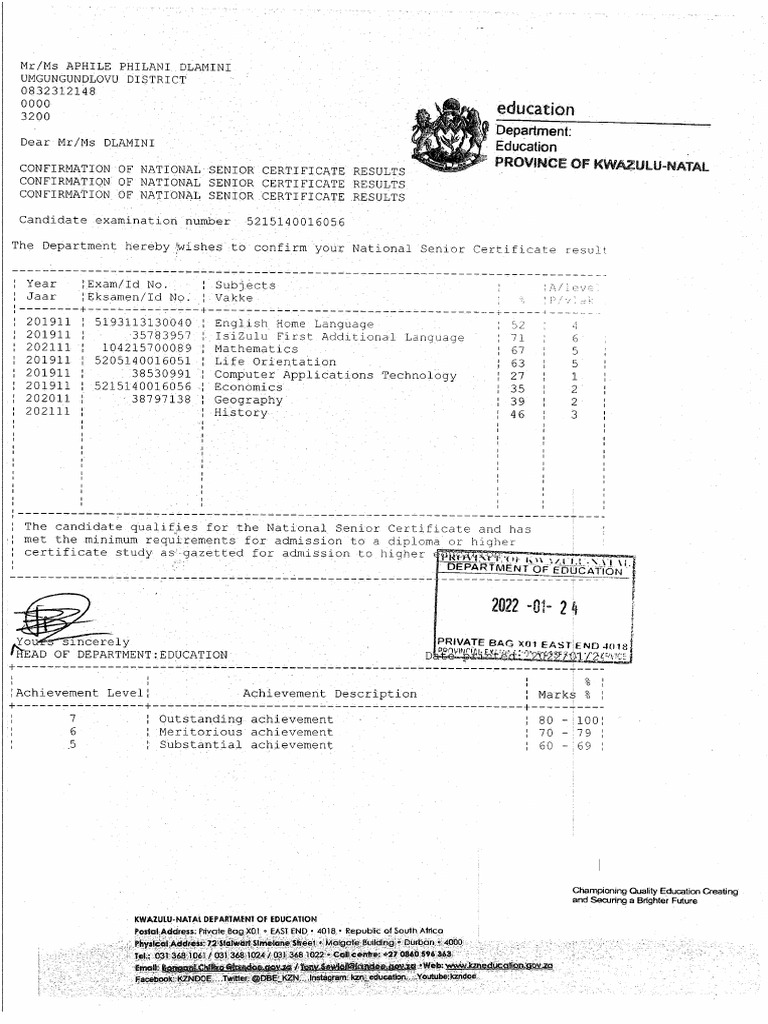 Aphile Dlamini Matric Certificate | PDF