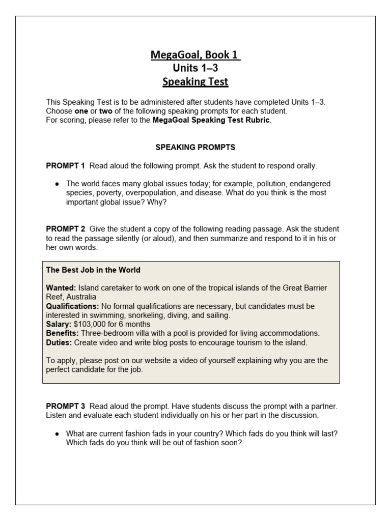 MegaGoal 1 Speaking Tests | PDF